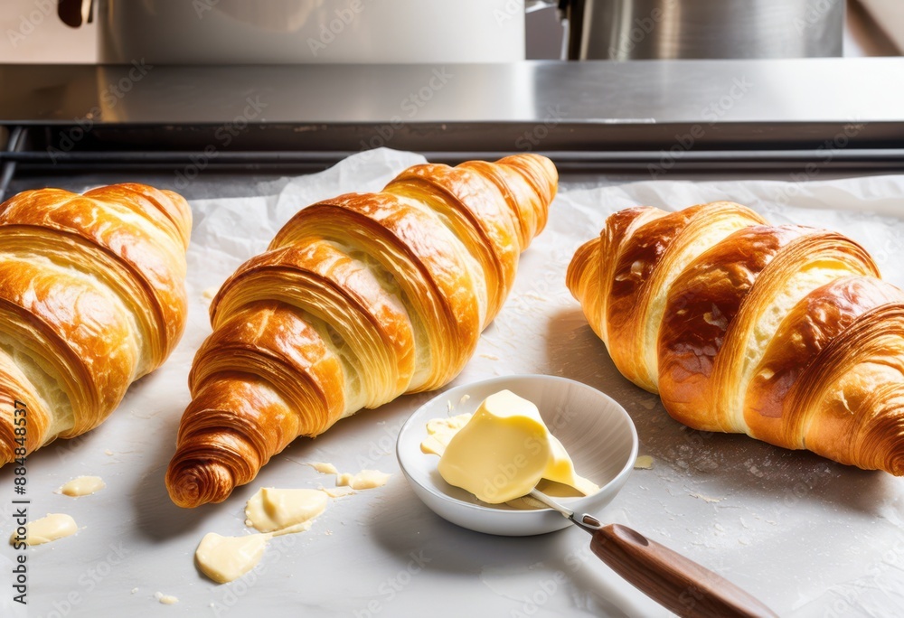 buttery flaky laminated dough texture croissants baking process, pastry ...