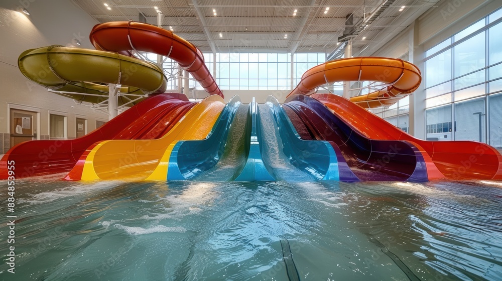 Colorful indoor water slide park with multiple twisted slides leading ...