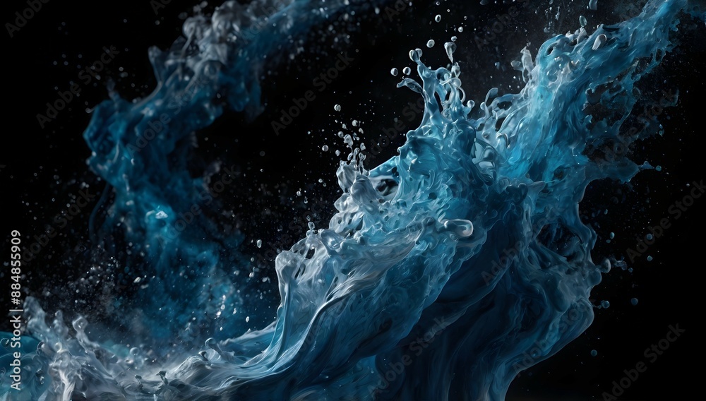 Glitter mist. Paint water splash. Magic spell. Blue silver gray color ...