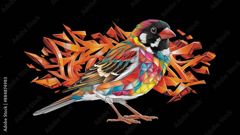 Brightly colored bird illustration with geometric patterns and angular ...