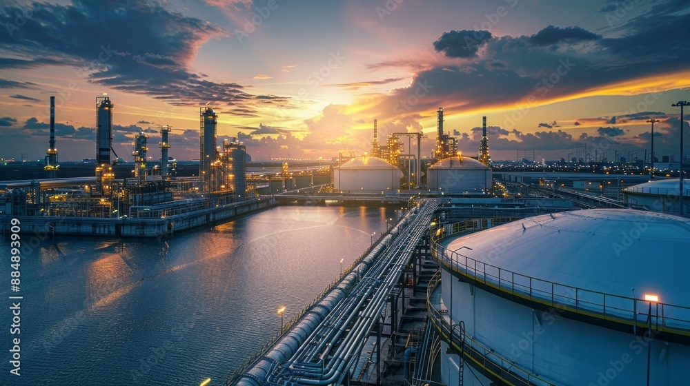 A vast industrial complex with a massive LNG storage tank designed for ...