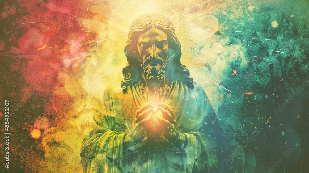 Symbolic image of Jesus Christ revealing his sacred heart, radiating ...