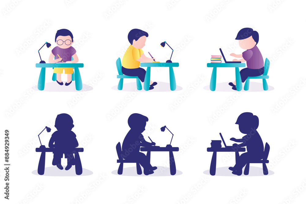 Set of child student at workplace and silhouettes. Little boy doing ...