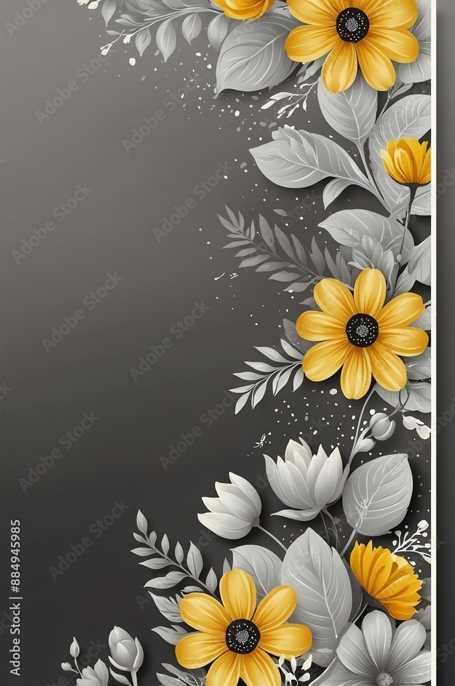 grey flowers theme border and yellow background design for invitation ...