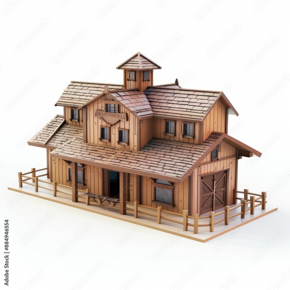 3D Render, Low Poly style of Wild West livery stable with hitching ...