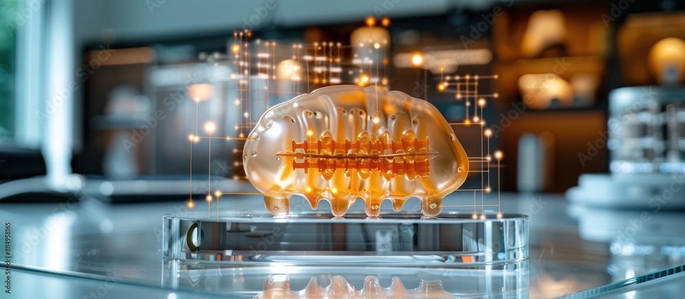 Golden 3D Printed Brain Model on a Glass Platform Stock Illustration ...