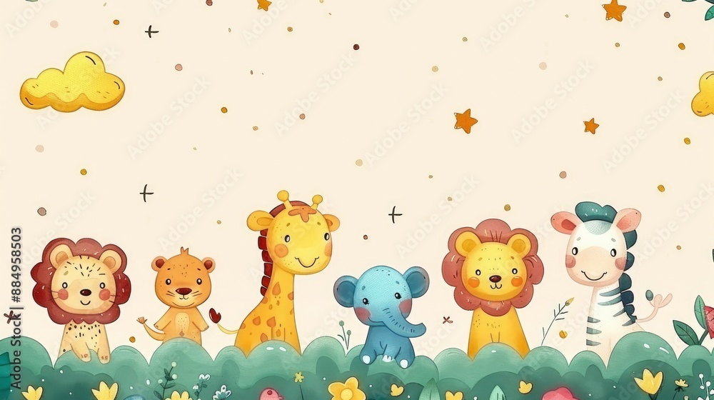 Blank white page with colorful cartoon zoo animals around the border ...