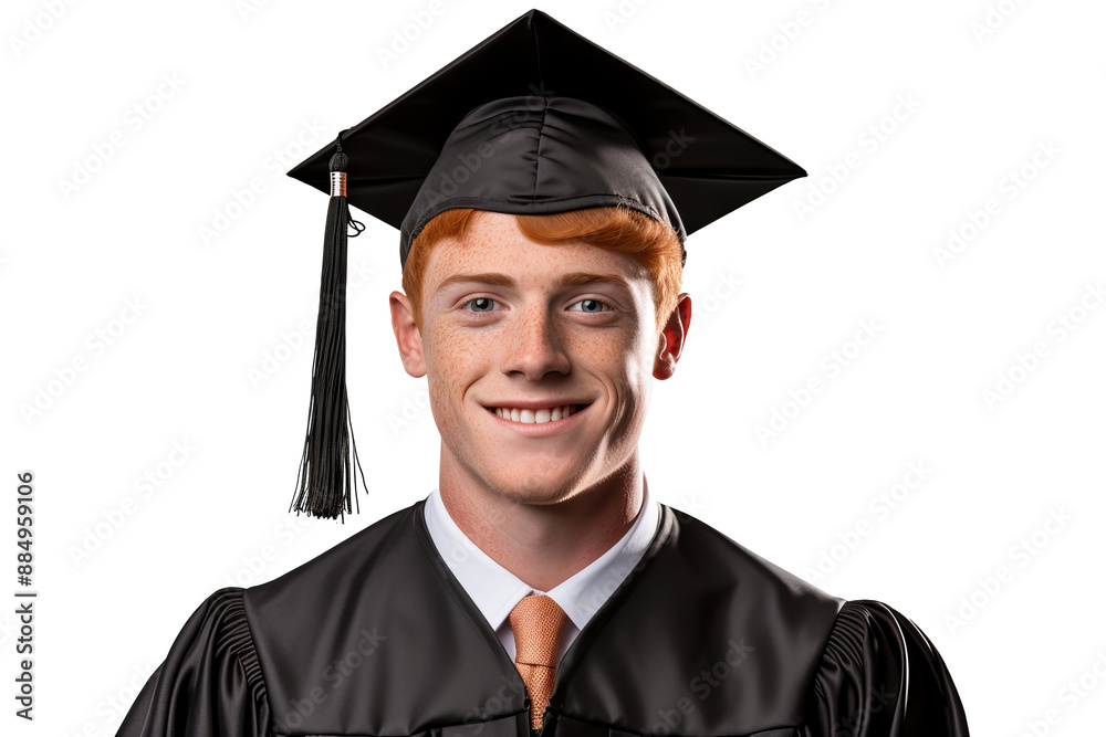 Handsome young ginger man in graduation cap and gown isolated on ...