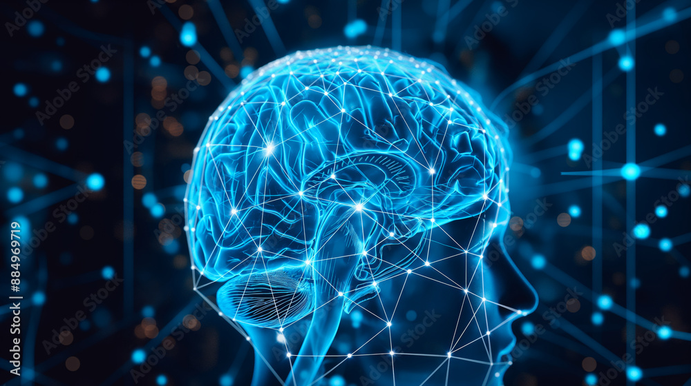 Futuristic illustration of a human brain interconnected with neural networks, symbolizing ...