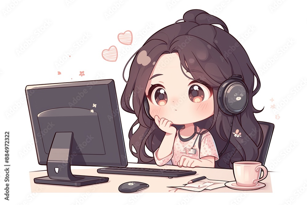 cute anime chibi cartoon girl looking at the computer monitor on the ...