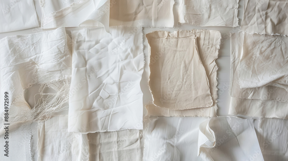 Cotton fabric squares in different shades of white on a plain backdrop ...