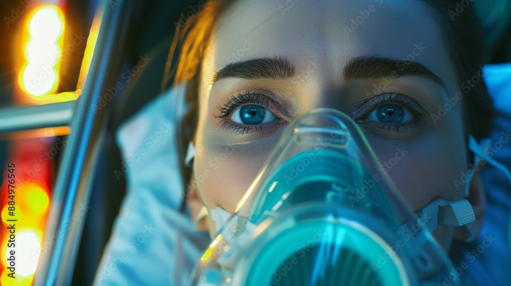 Girl with an oxygen mask in an ambulance, emergency situation ...