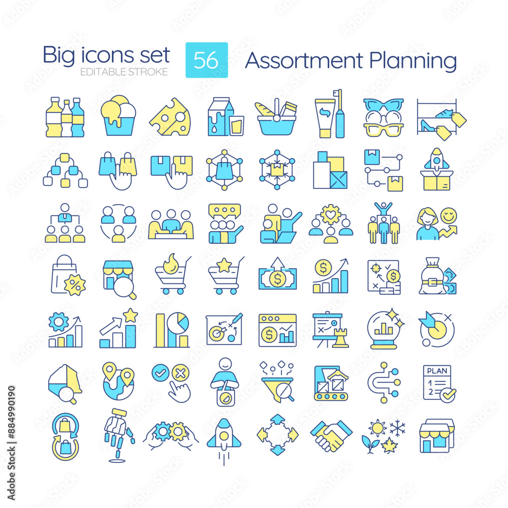 Assortment planning RGB color icons set. Marketing strategy ...