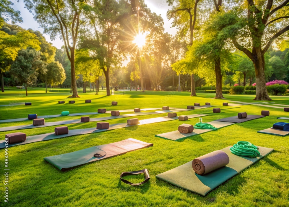 Serene summer morning scene in a lush green park with yoga mats, blocks ...
