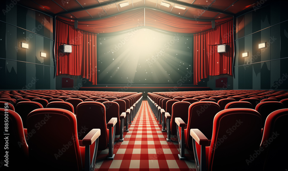 Cinema hall with red armchairs and white screen on transparent ...