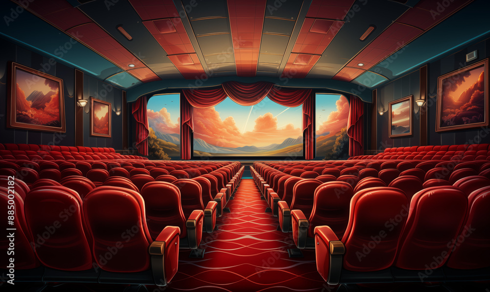 Cinema hall with red armchairs and white screen on transparent ...