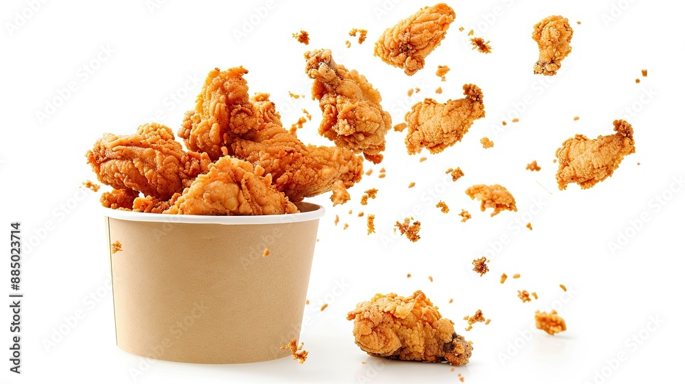 Crispy fried chicken bursting out of a paper bucket, isolated on white ...