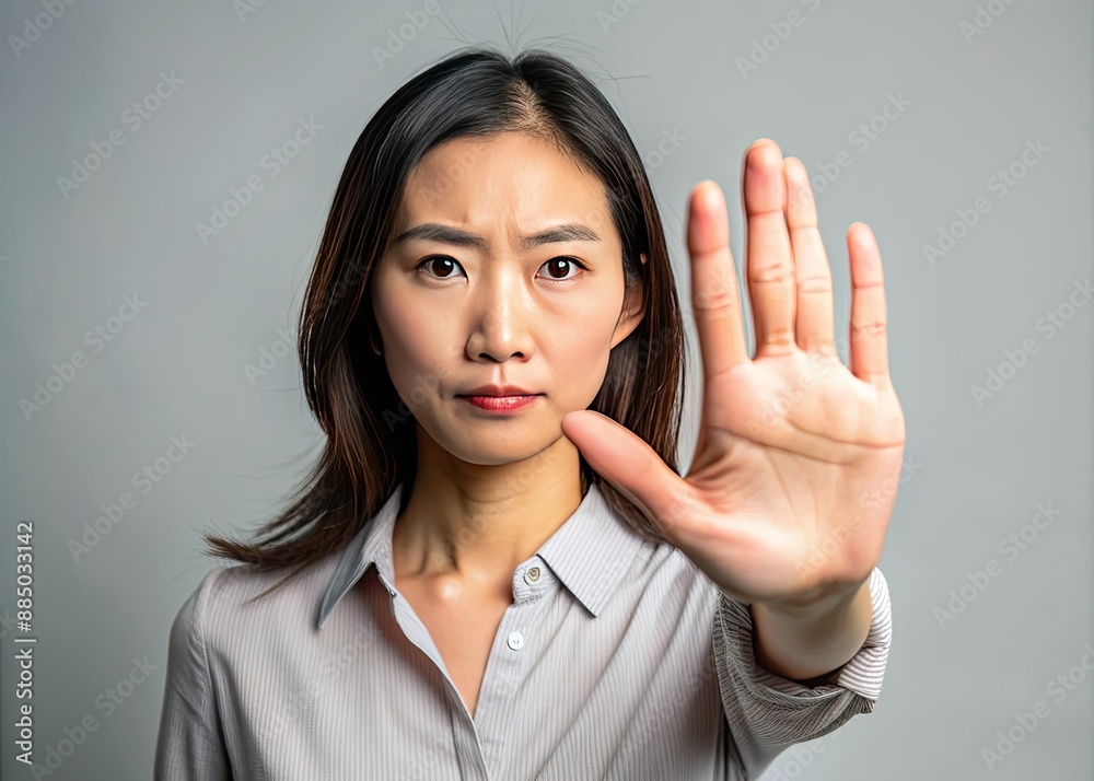 Asian woman's hand with fingers spread out, open palm, making a stop ...