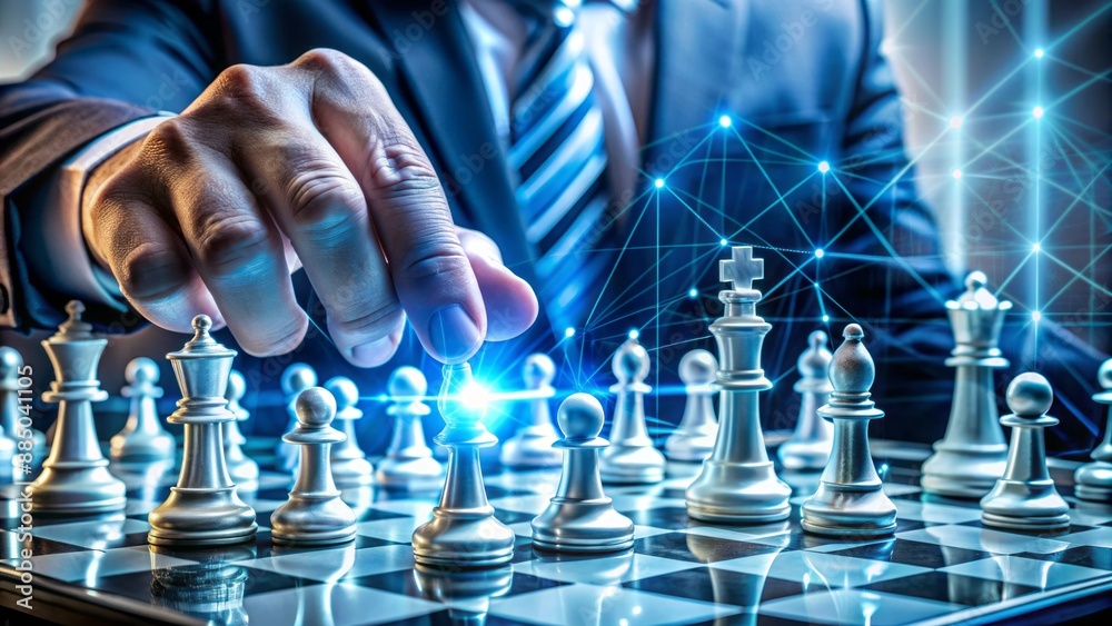 Strategically placed hands move chess pieces on a sleek digital board ...