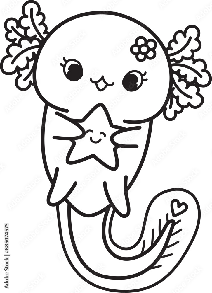 Bold line drawing cute baby axolotl holding starfish with editable ...