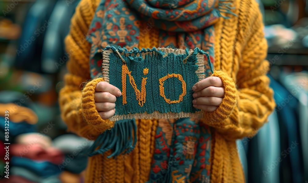 say no to fast fashion sign on paper card over heap of clothes fast ...