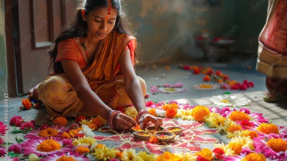 Young Indian woman prepares ritual flowers at home, concept of ...