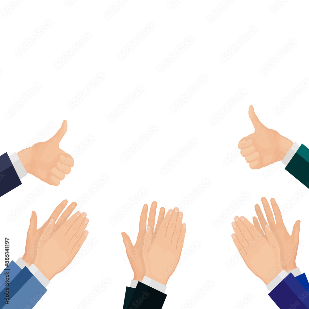 Human hands clapping. People crowd applaud to congratulate success job. Hand thumbs up. Business ...