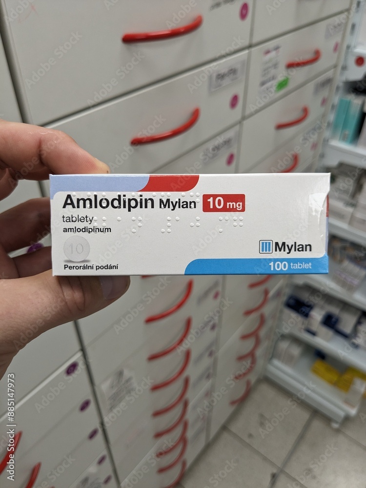 Prague, Czech Republic - July 10 2024: AMLODIPIN MYLAN box of ...