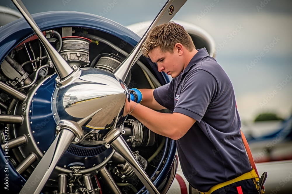 Aviation mechanic performing maintenance on an aircraft engine with ...
