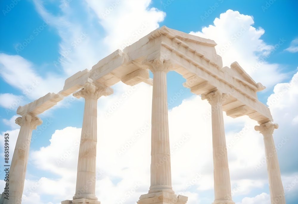 Illustrate grand temples with Doric columns and detailed friezes, set ...