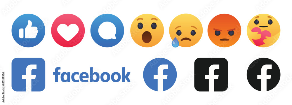 Facebook reactions. social media smiley emoji face ; thumb up icon ...