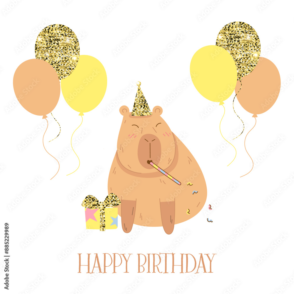 Vector cute capybara celebrates birthday, postcard with balloons Stock ...