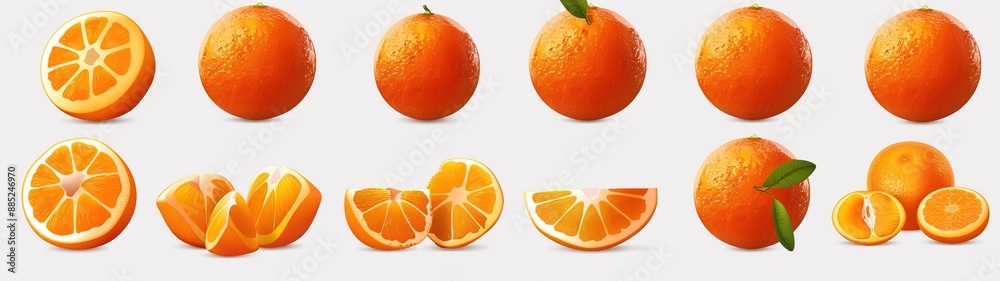 Orange oranges fruit, many angles and view side top sliced halved cut ...