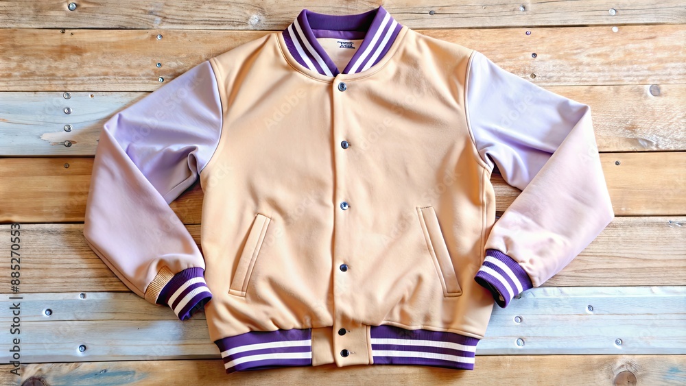 Editable varsity jacket mockup in beige and purple color scheme for ...