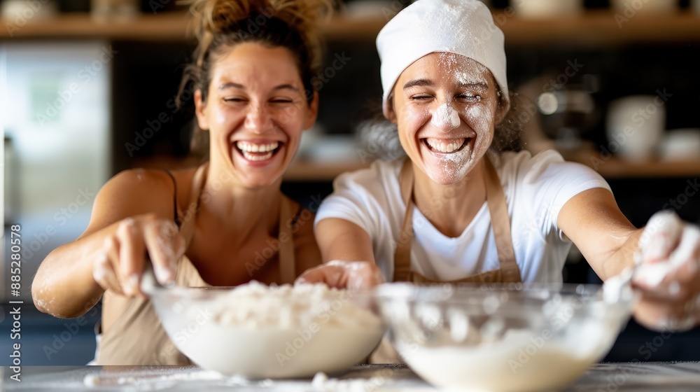 Two women enjoy baking together in a kitchen, covered in flour as they ...