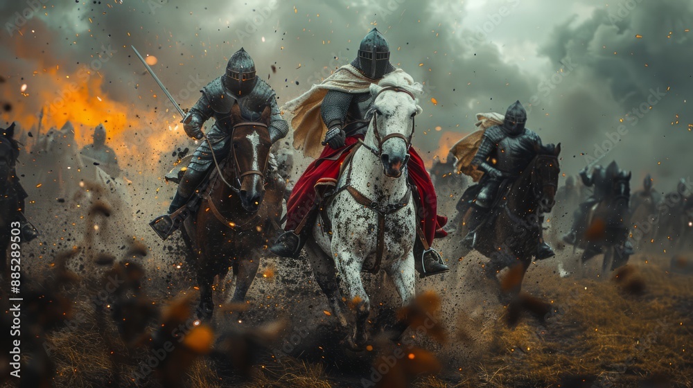 Epic battle between two knights on horseback, clashing swords amidst a ...