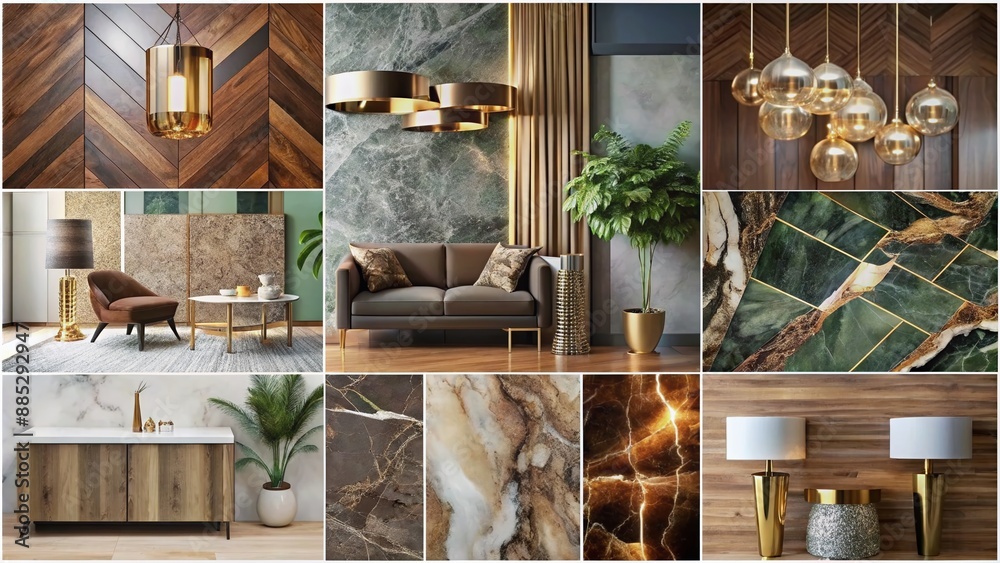 Elegant interior design material sample moodboard featuring rich marble ...