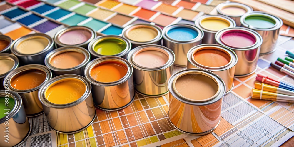 Vibrant tiny sample paint cans in trendy Peach Fuzz hue sit atop a ...