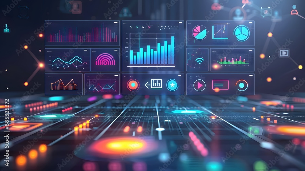 Futuristic Data Visualization Dashboard with Interactive Graphs and Charts Stock Illustration ...