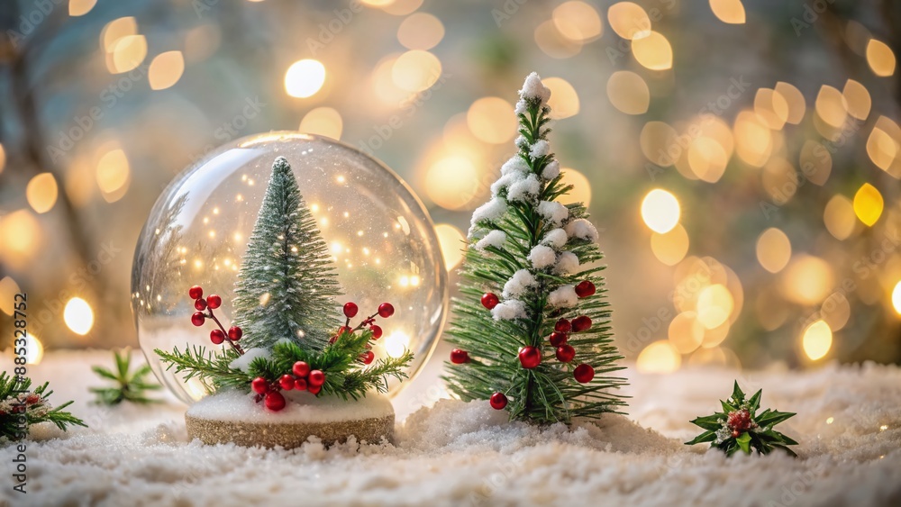 Snowflakes swirl around miniature snow-covered pine trees and festive ...
