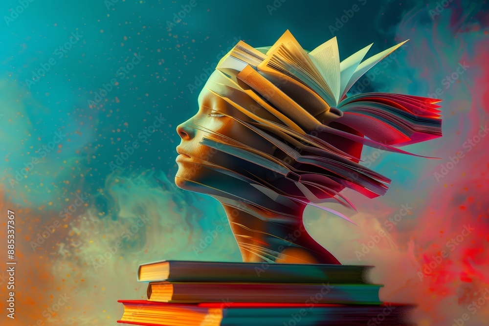 Beautiful brooding woman with a bookshelf effect flying out of her head ...