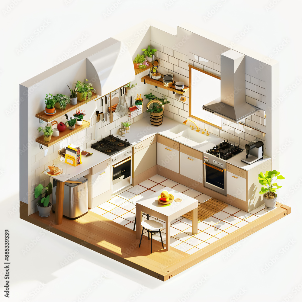 Scandinavian style kitchen, cutaway isometric low poly art. 3d with ...