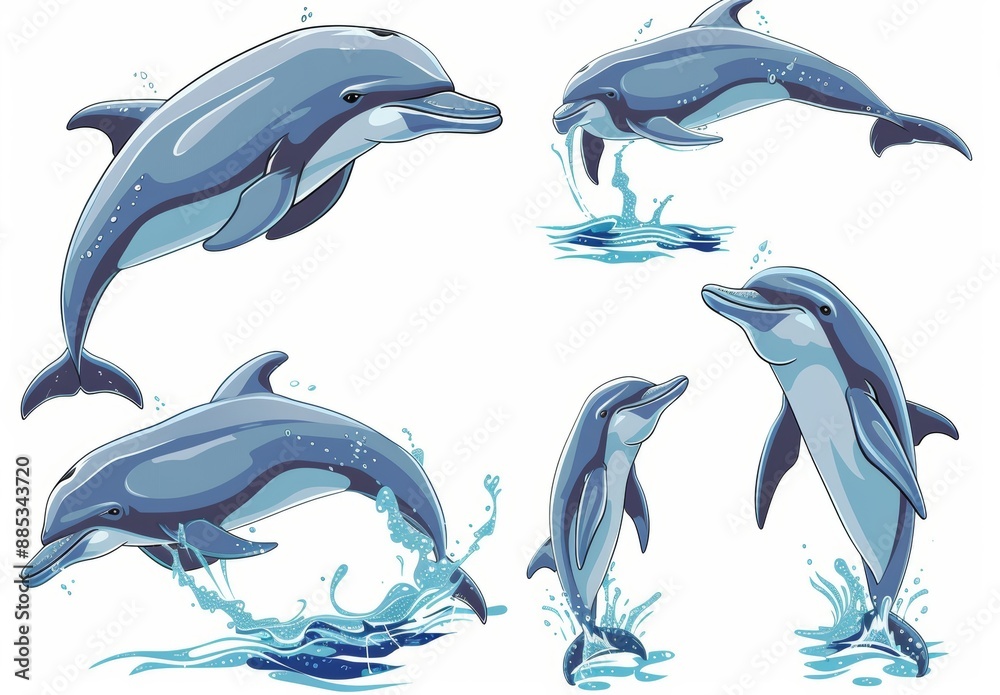 Dolphins in various characters set isolated on clear background ...
