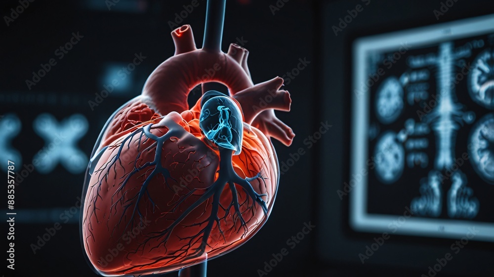 Heart and veins, arteries, 3D diagram, background with x-ray image ...