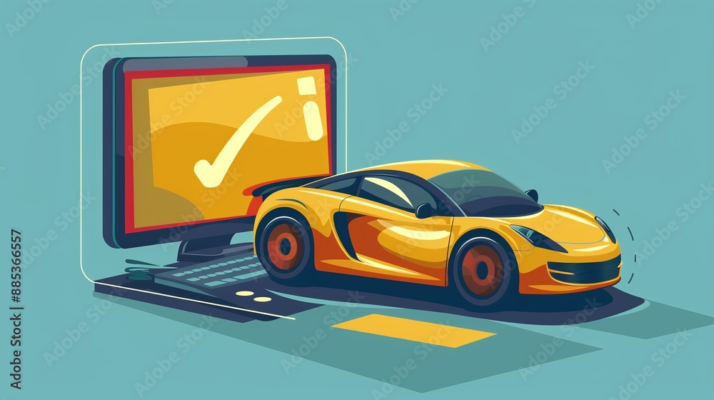 A flat cartoon auto test with a checkmark or tick on a computer screen ...