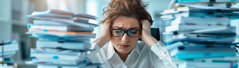Overwhelmed woman sitting at a cluttered desk filled with stacks of ...