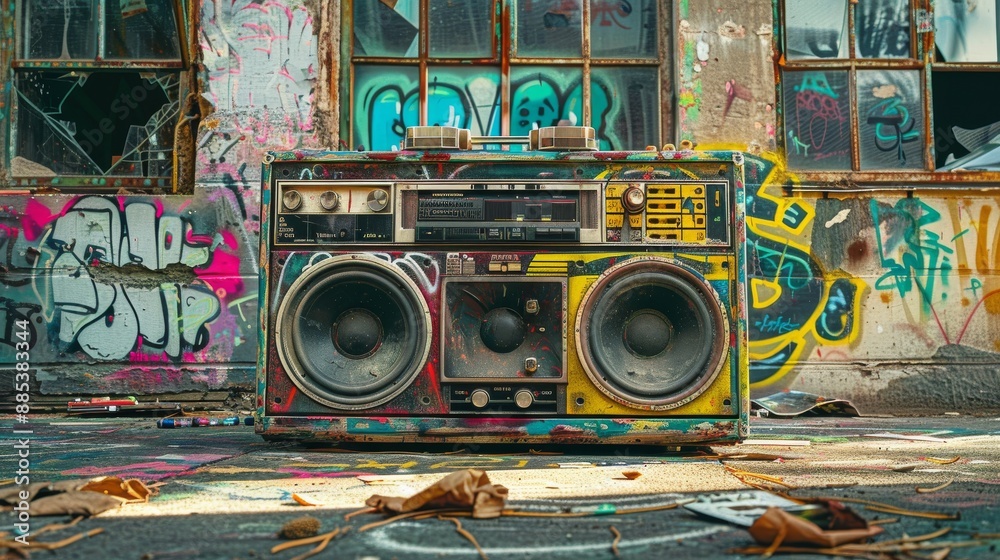 Ghetto blaster from 1980s set against a colorful graffiti wall on a ...
