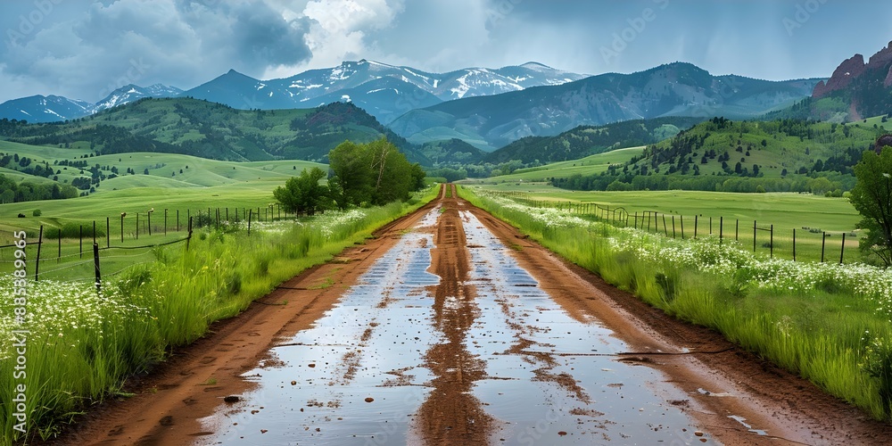 Wet Colorado backcountry road after spring showers near irrigation ...