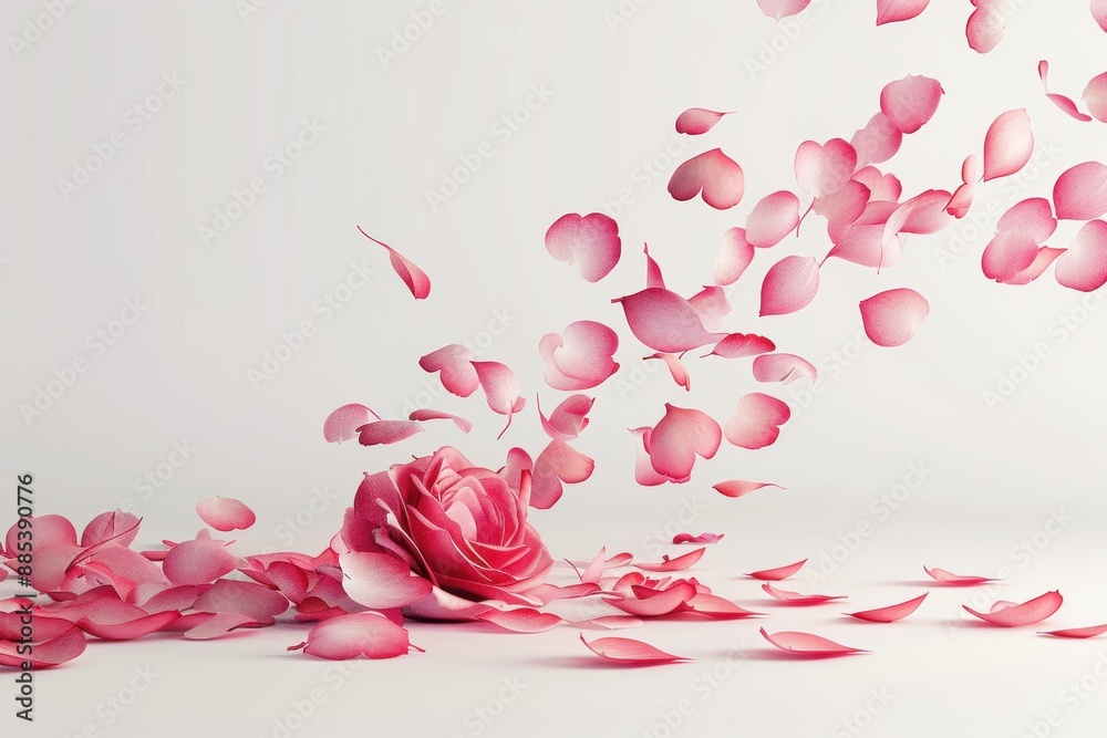 Bright pink rose flower petals flying isolated white background ...