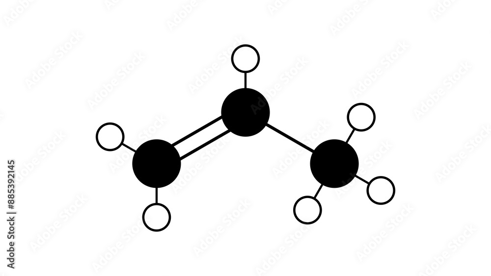 propene molecule, structural chemical formula, ball-and-stick model ...